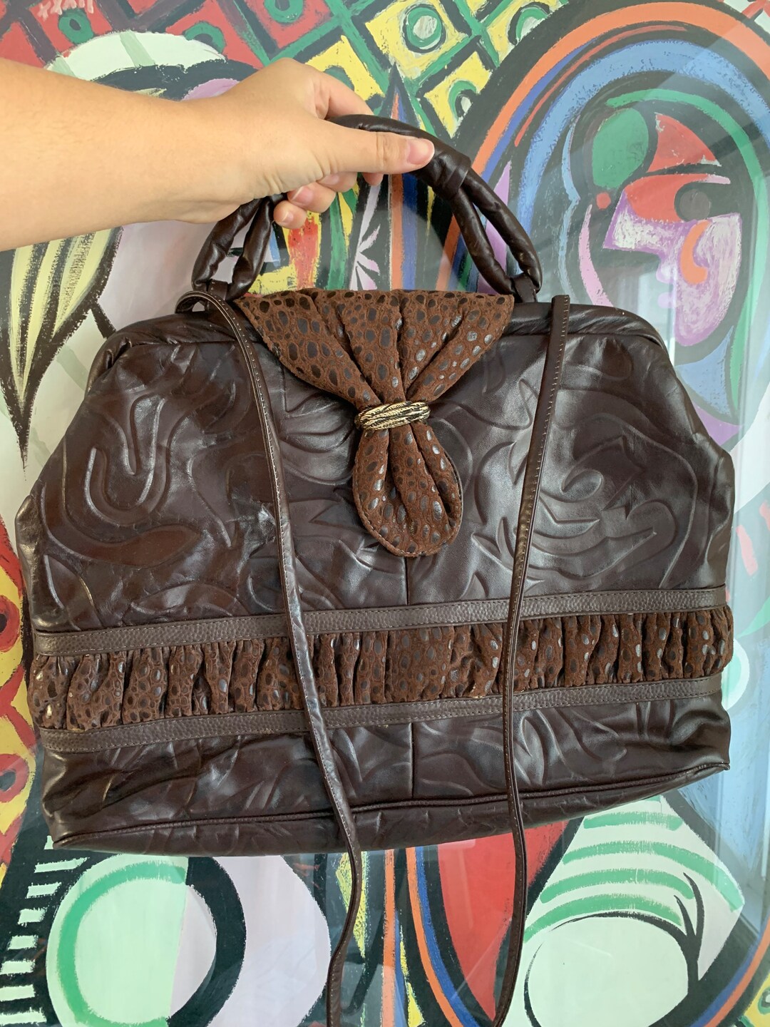 1990s Large Brown Leather Clasp Style Purse, Embossed Leather Bag ...