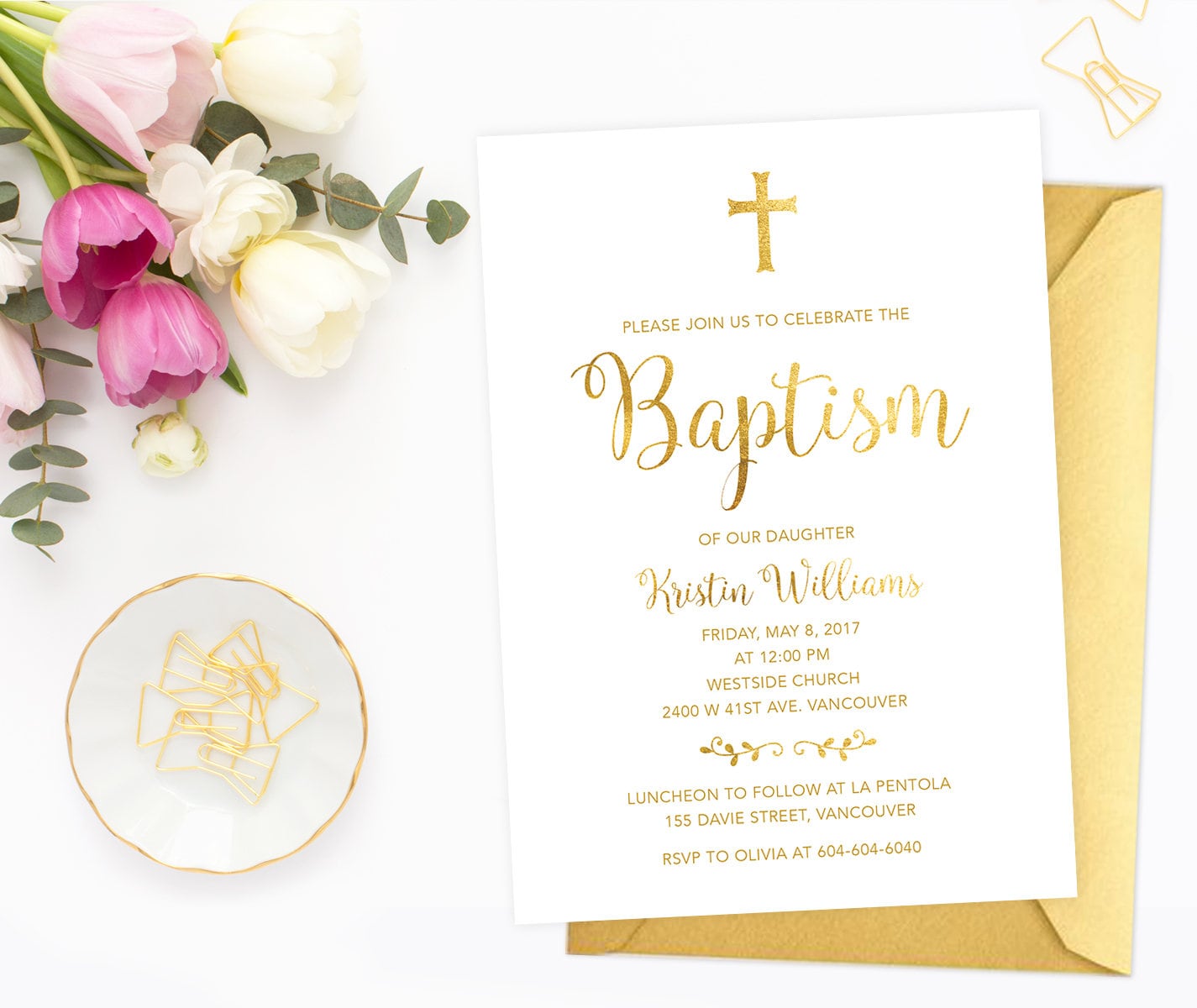 Faux Gold Foil Baptism Invitation White Gold Baptism | Etsy