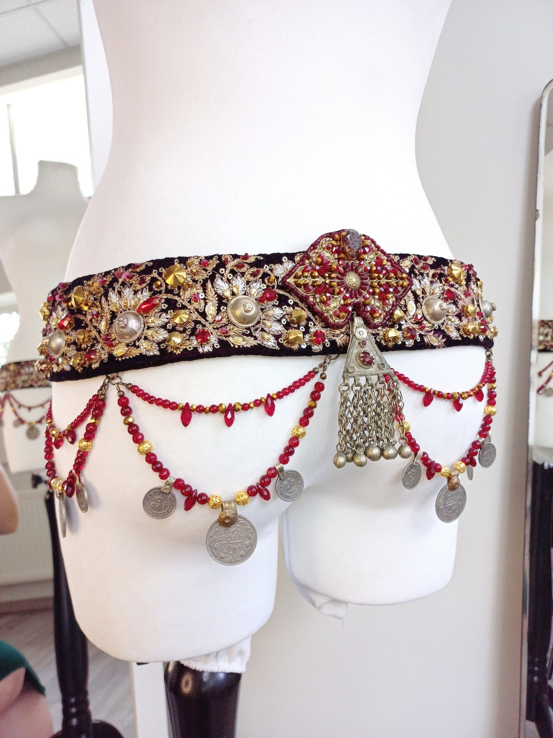 Red Gold Embroidered Tribal Belly Dance Belt With Coins, Tribal Fusion ...