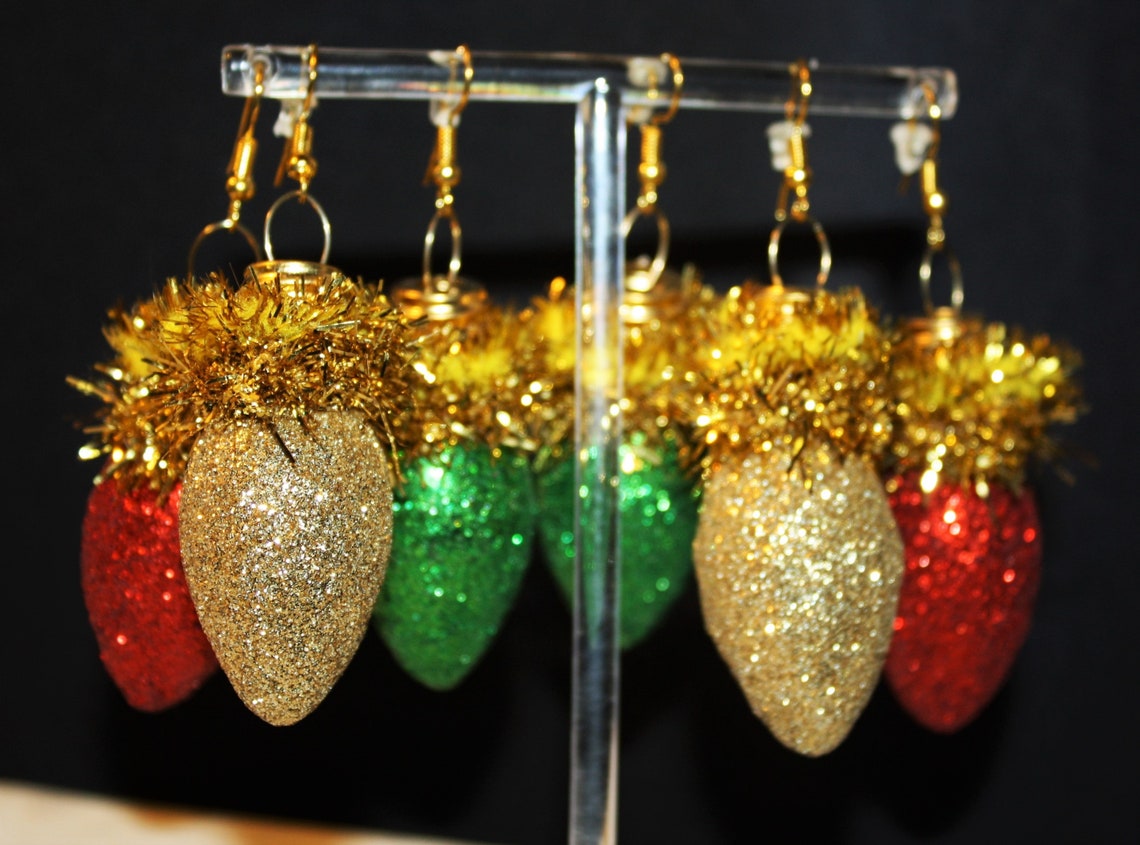 Three Pair Light Bulb Glitter Christmas Ornament Dandle Earrings Red ...