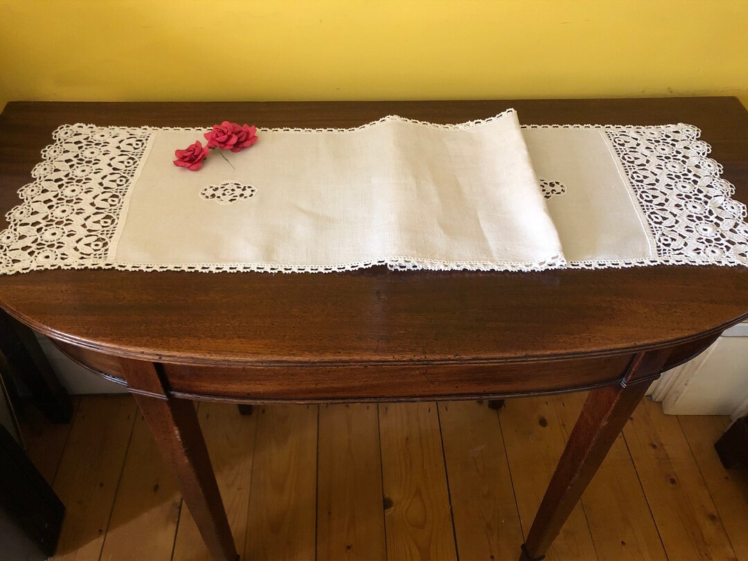 A Linen Table Runner/ Bureau Scarf, Table Topper Vintage Beige Linen ...