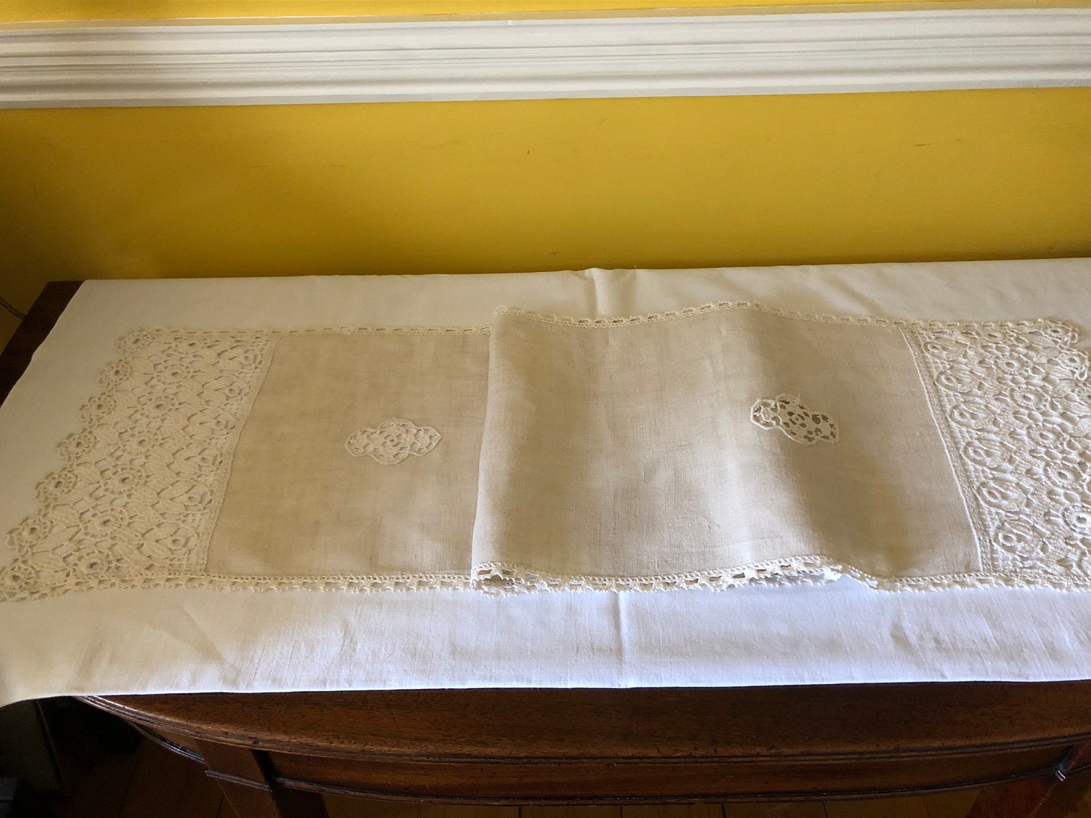 A Linen Table Runner/ Bureau Scarf, Table Topper Vintage Beige Linen ...