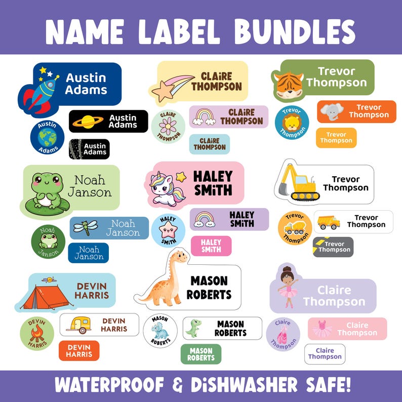 Personalized Waterproof Name Labels: School, Daycare, Camp - Set of 55 ...