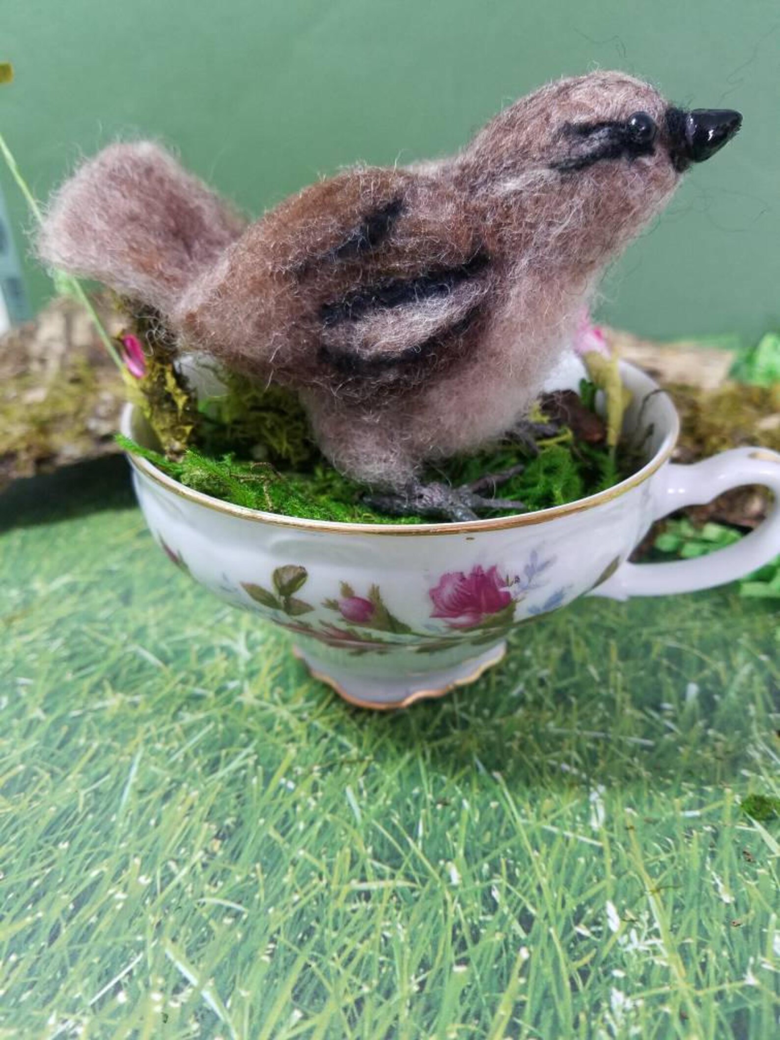 Needle felted bird vintage teacup handmade wool sparrow | Etsy