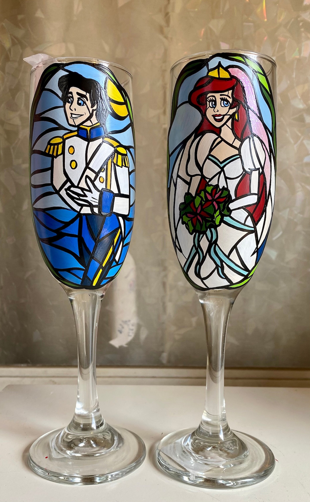 Little Mermaid Inspired Ariel and Eric Stained Glass Wedding Champagne ...