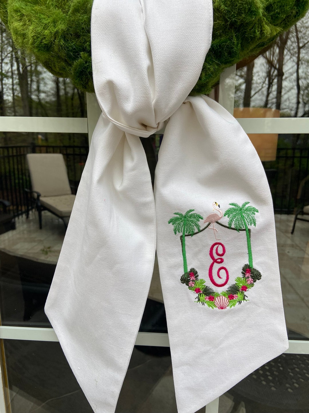 Flamingo and Palm Tree Embroidered Monogrammed Wreath Sash - Etsy