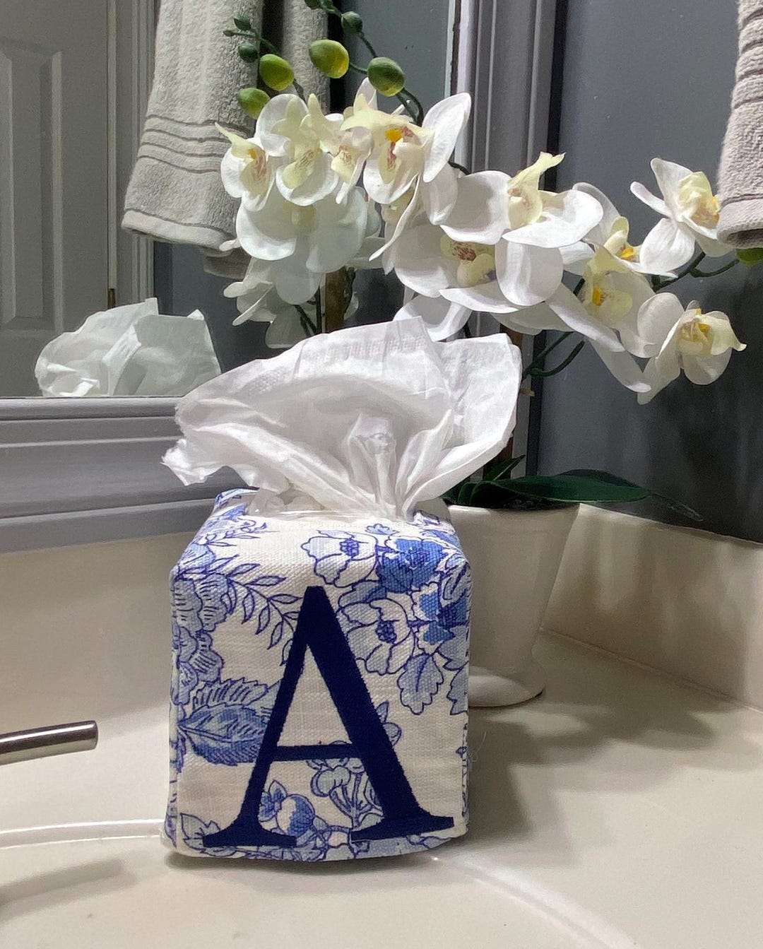 Monogrammed Blue and White Tissue Box Cover - Etsy
