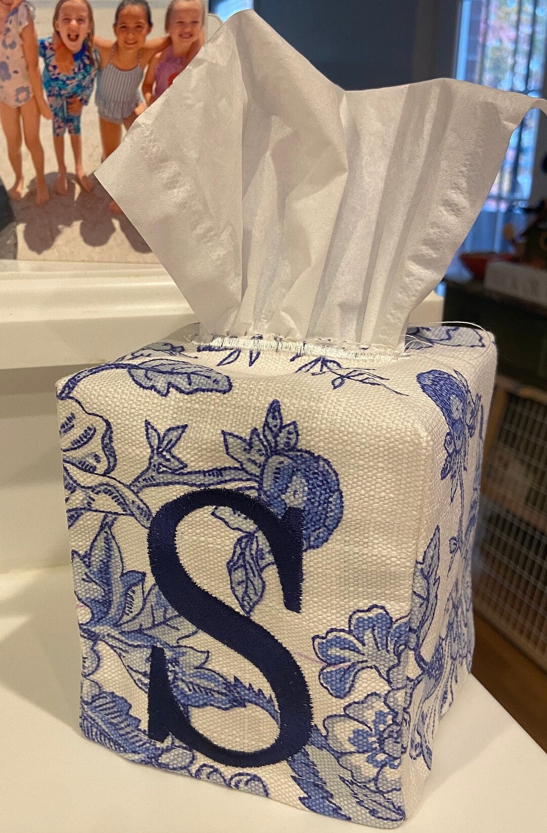 Monogrammed Blue and White Tissue Box Cover - Etsy