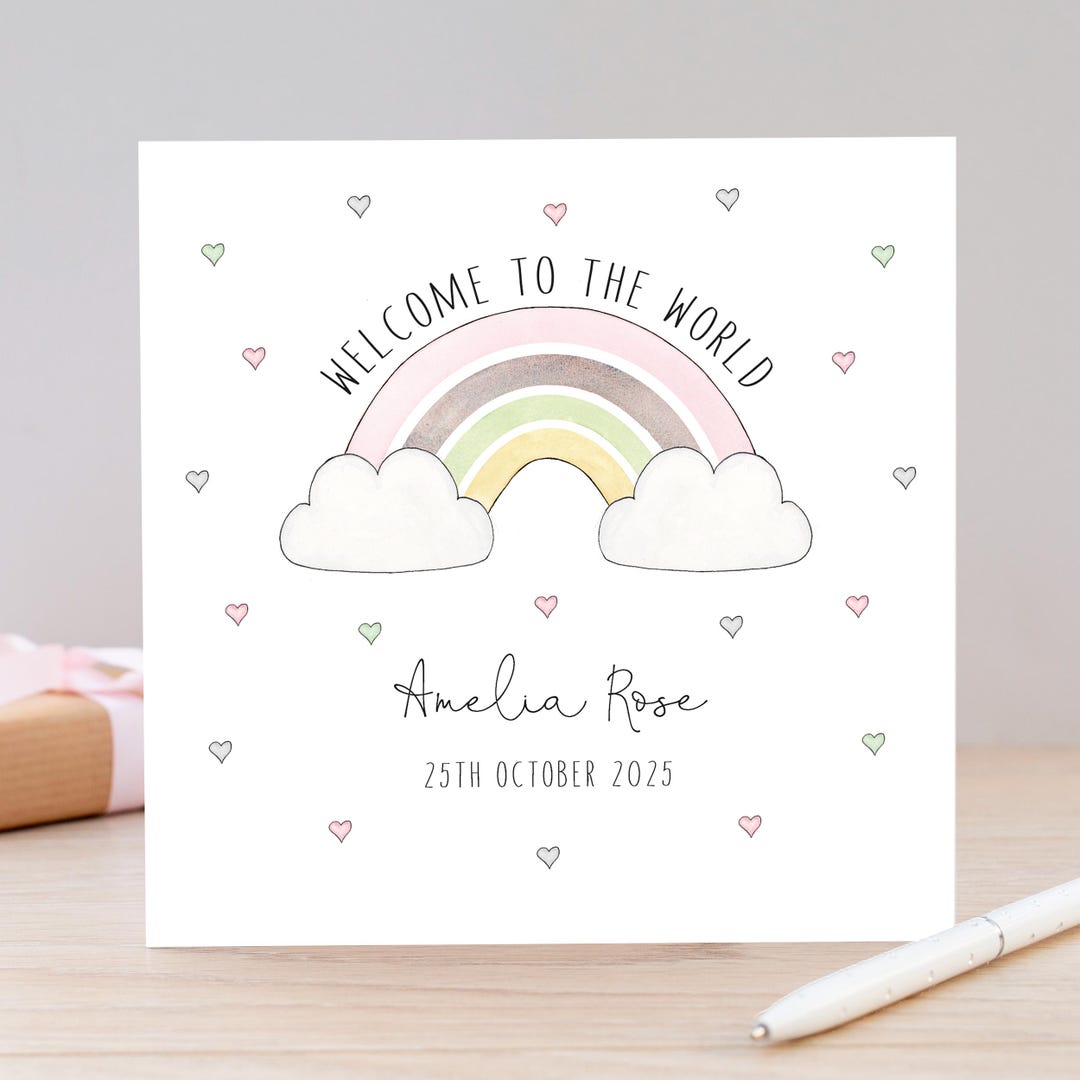 Personalised Baby Girl Card - New Baby Pink Rainbow - Etsy