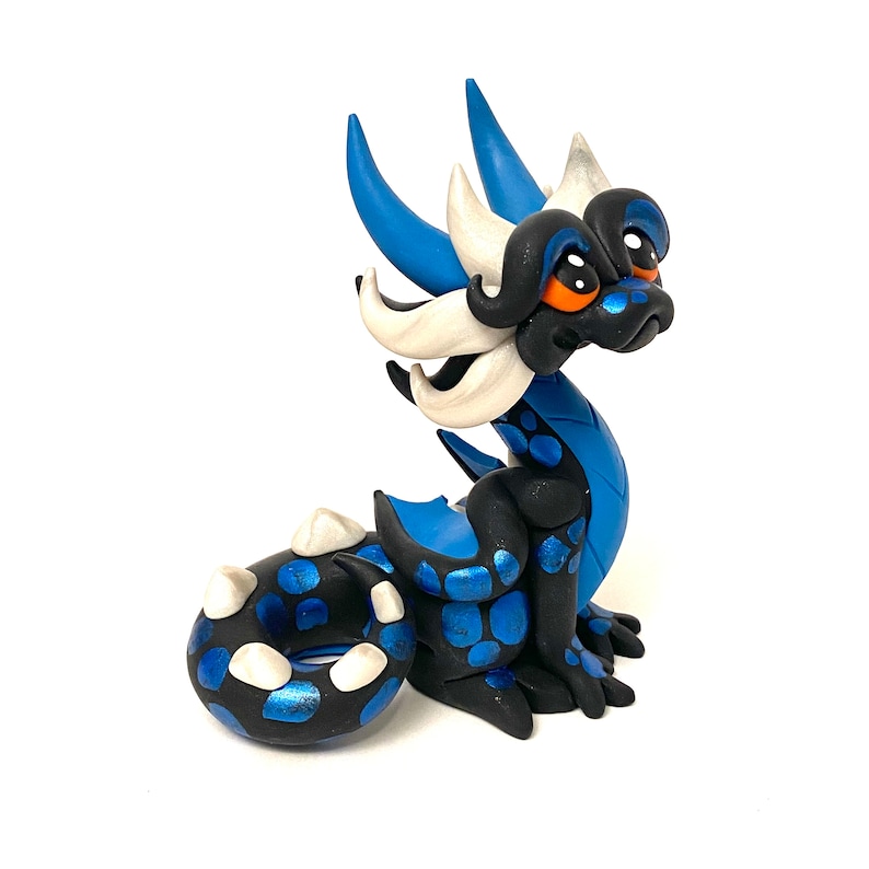 Nico | Polymer Clay Dice Dragon Figurine | Black, Teal, and Pearl White ...