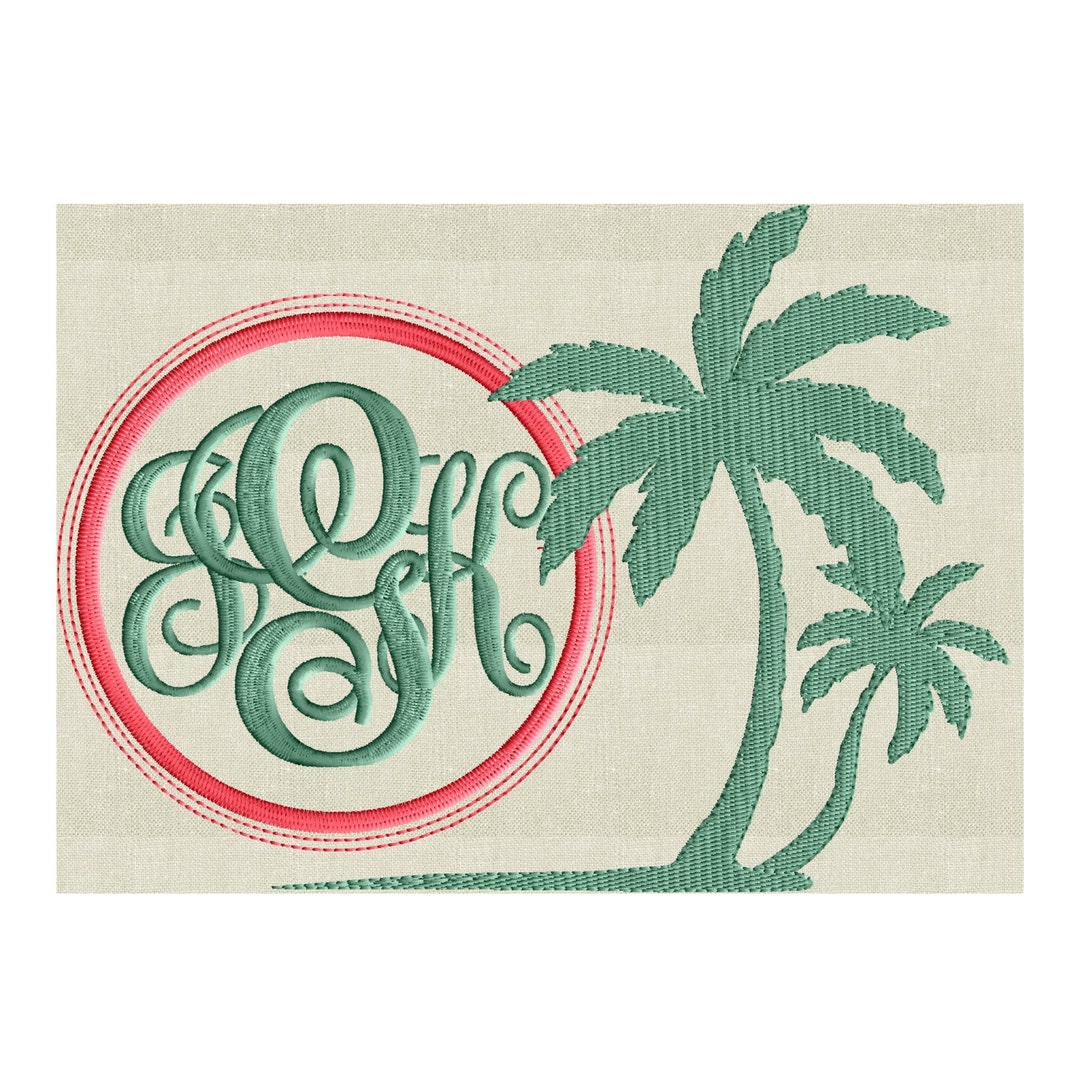 Tropical Palm Tree Sunset Font Frame Monogram Embroidery Design - Font ...