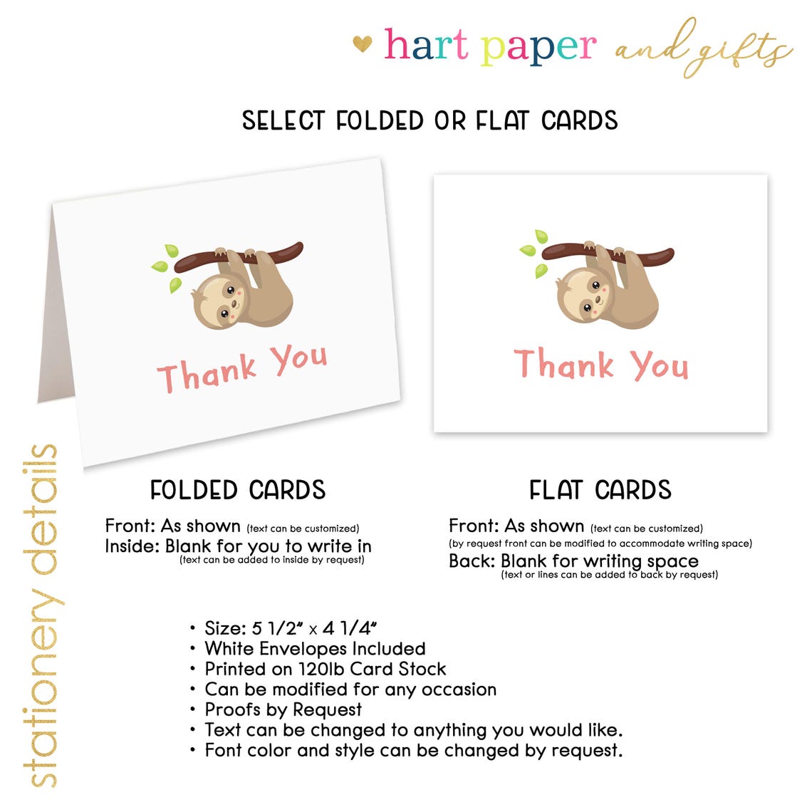 Sloth Thank You Personalized Cards • Folded Flat Card Stationery Custom ...
