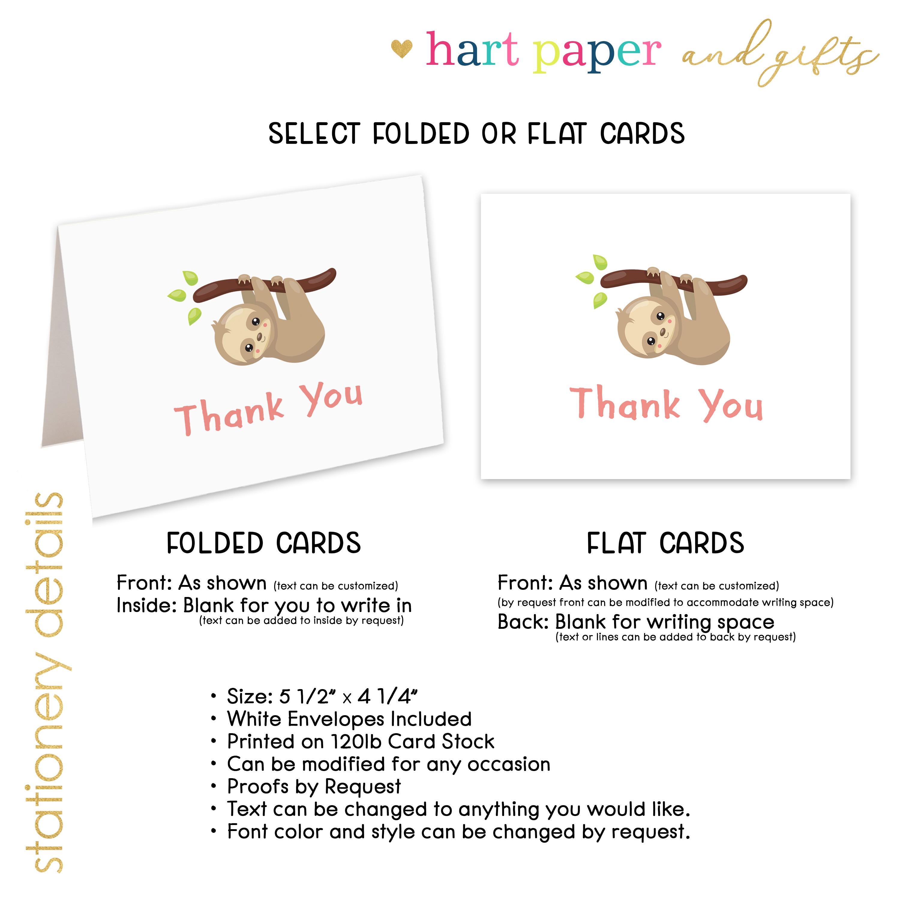 Sloth Thank You Personalized Cards • Folded Flat Card Stationery Custom ...
