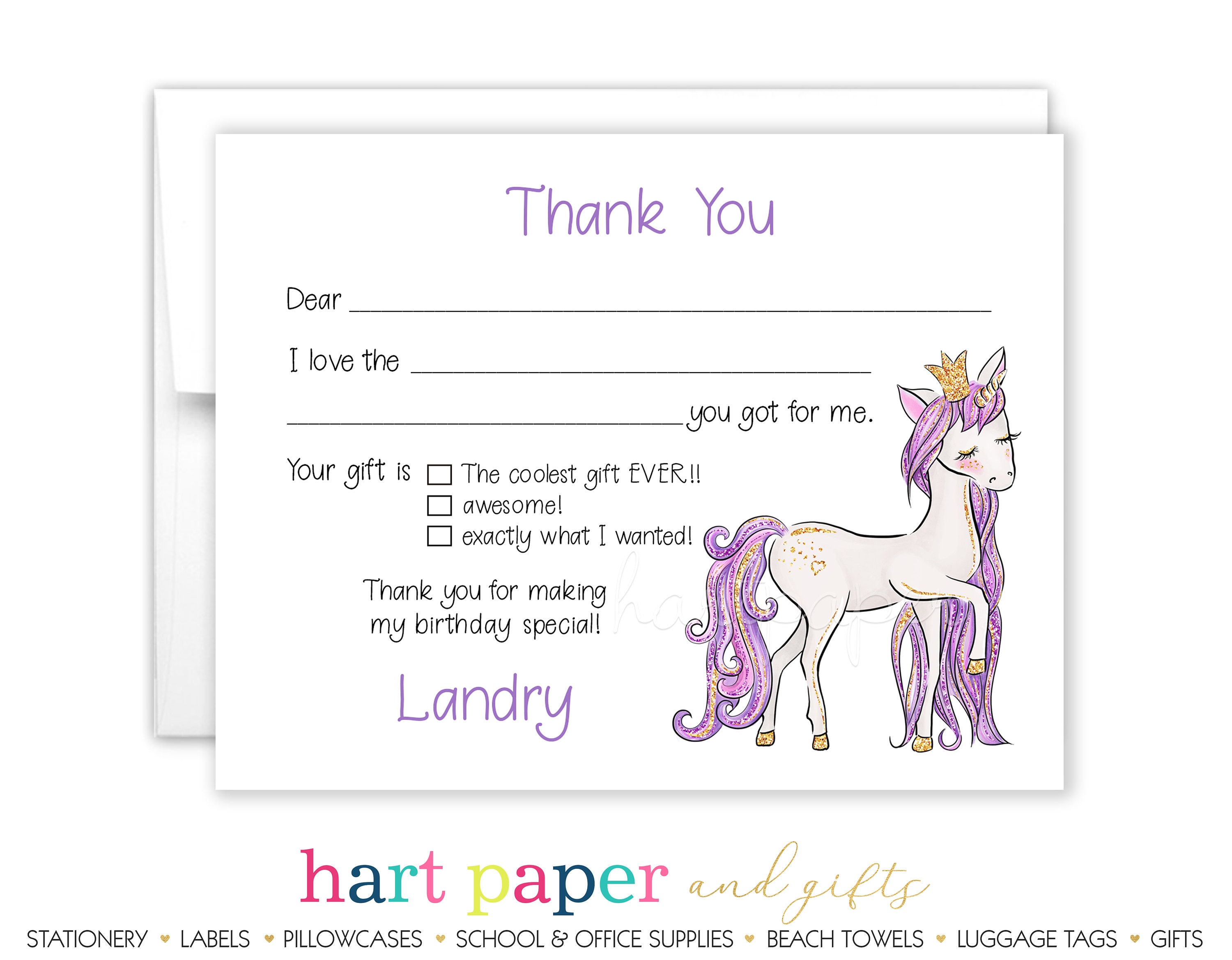 Purple Unicorn Fill In the Blank Thank You Cards Personalized | Etsy