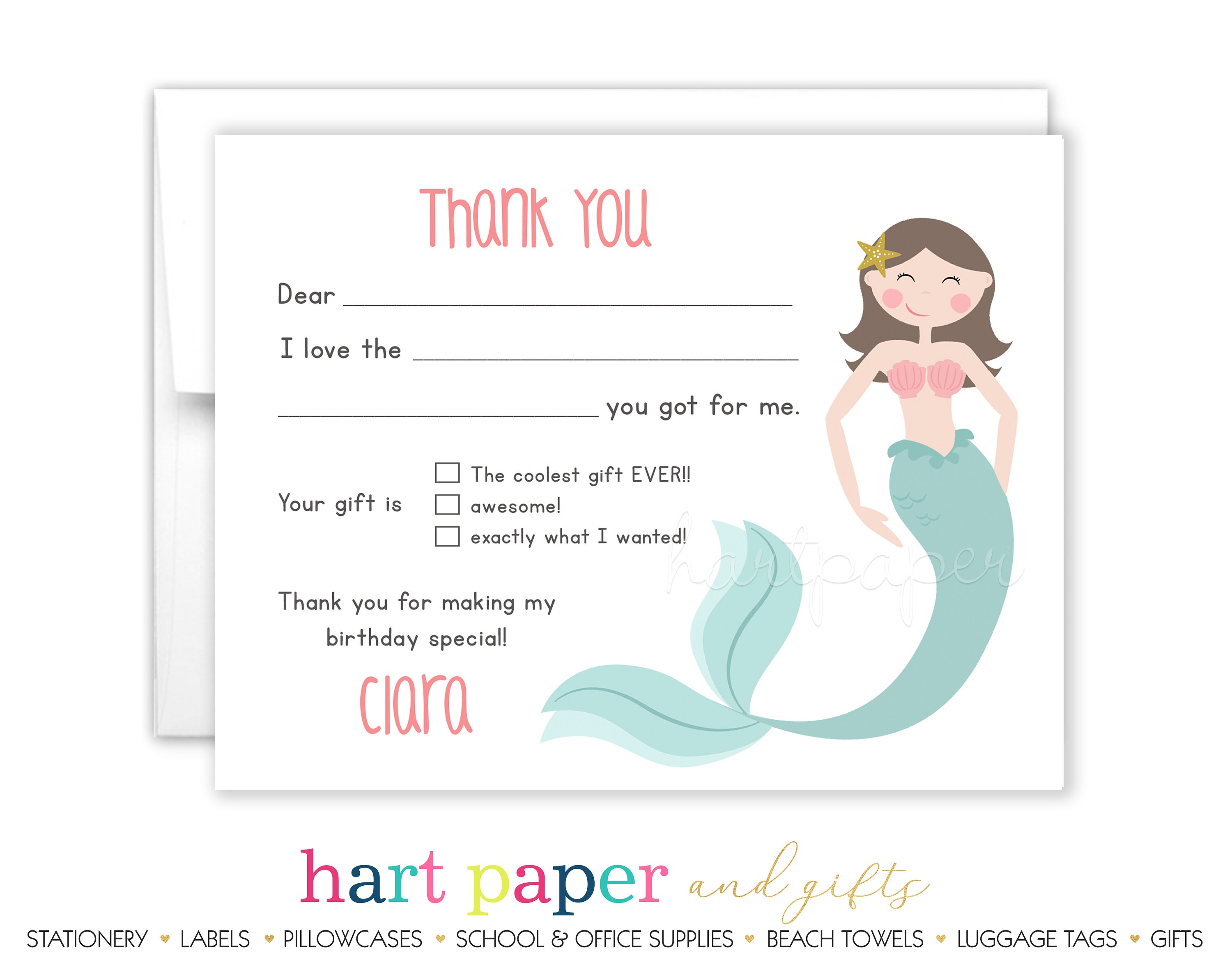 Mermaid Fill in the Blank Thank You Cards Personalized Flat | Etsy