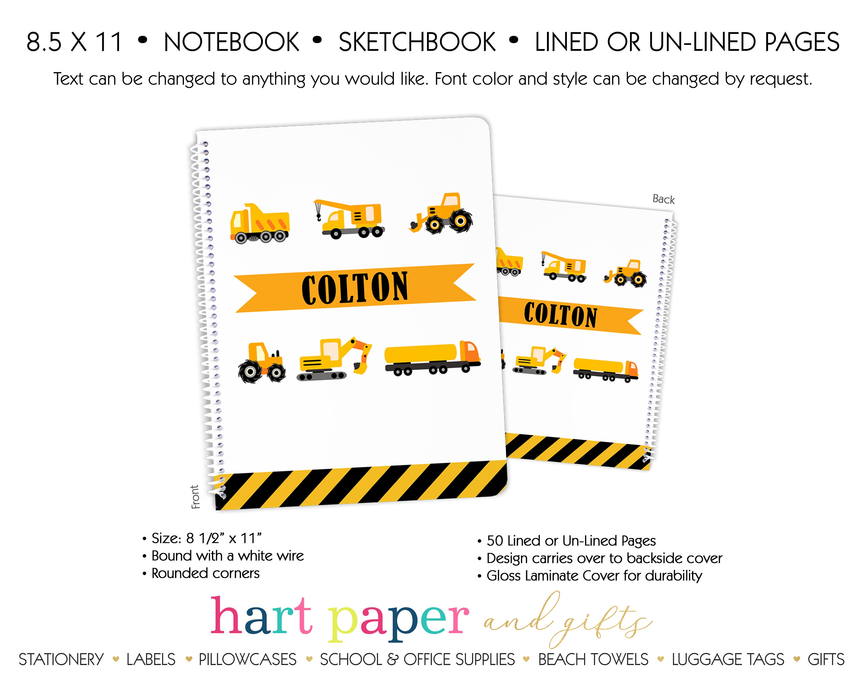 Construction Trucks Personalized Notebook Sketchbook Custom | Etsy