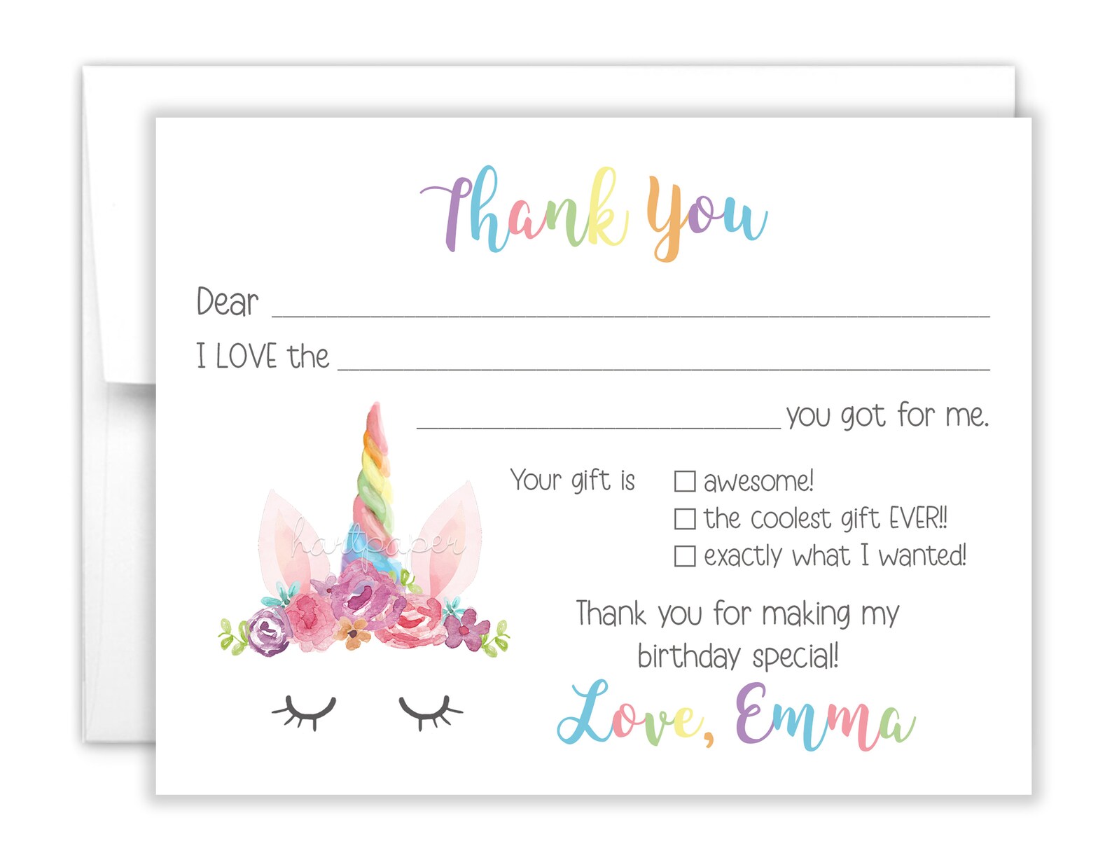 Rainbow Unicorn Horn Flowers Fill in the Blank Thank You Cards - Etsy