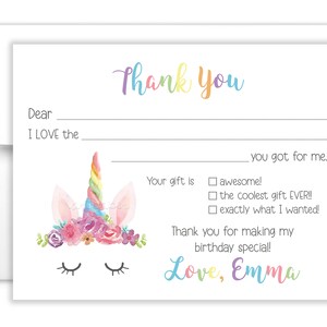 Rainbow Unicorn Horn Flowers Fill in the Blank Thank You Cards ...