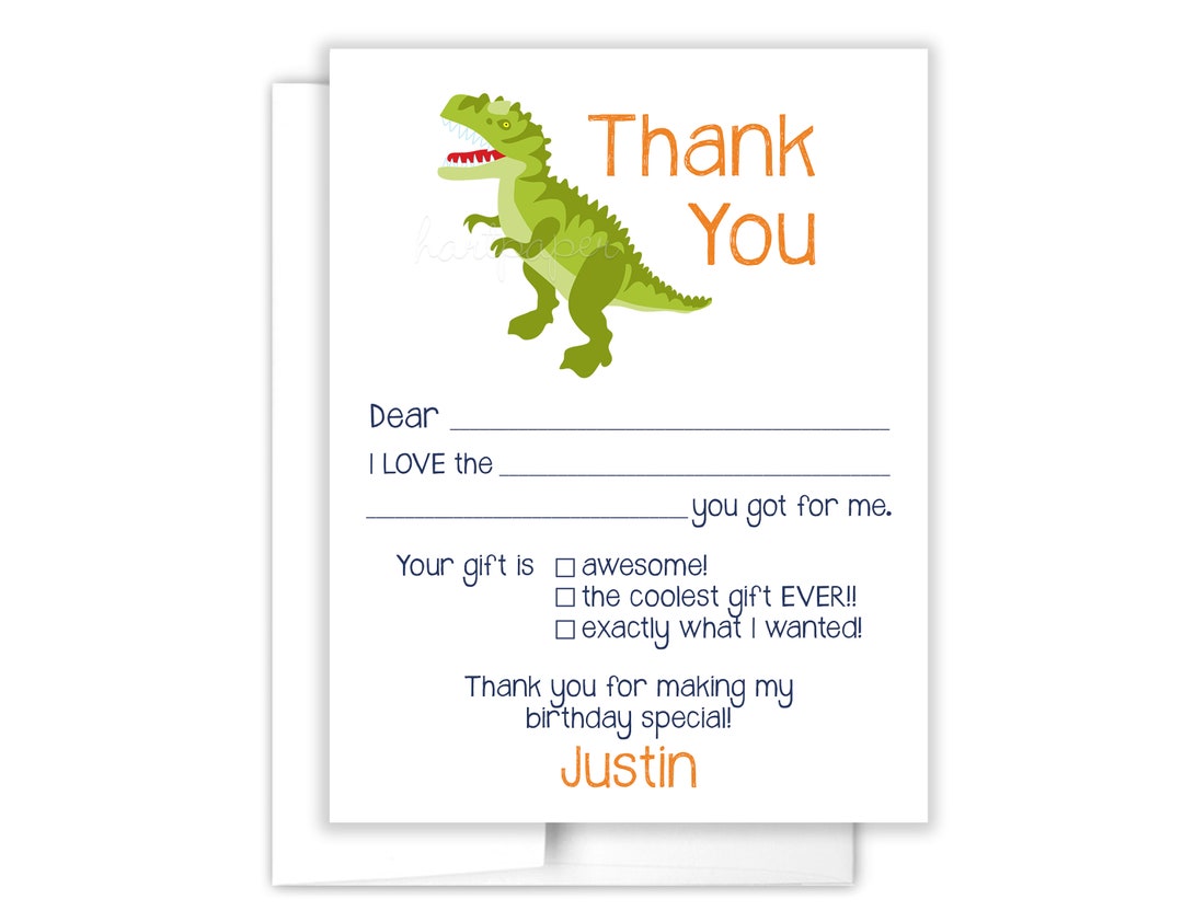 Dinosaur T Rex Fill in the Blank Thank You Cards Personalized Flat Stationery Custom Printed ...