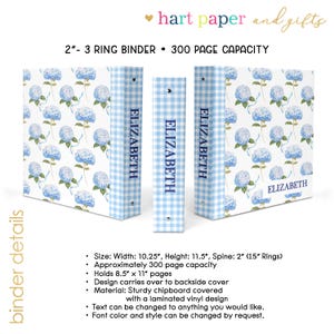 Hydrangea Blue Flowers 3 Ring Binder 2" Personalized Custom Gift Back ...
