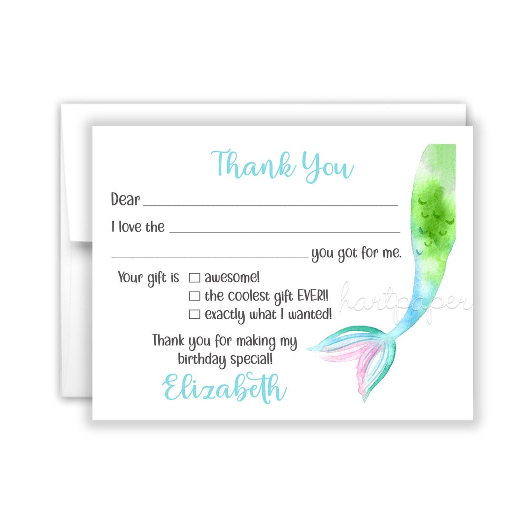 Mermaid Tail Fill in the Blank Thank You Cards Personalized • Flat ...
