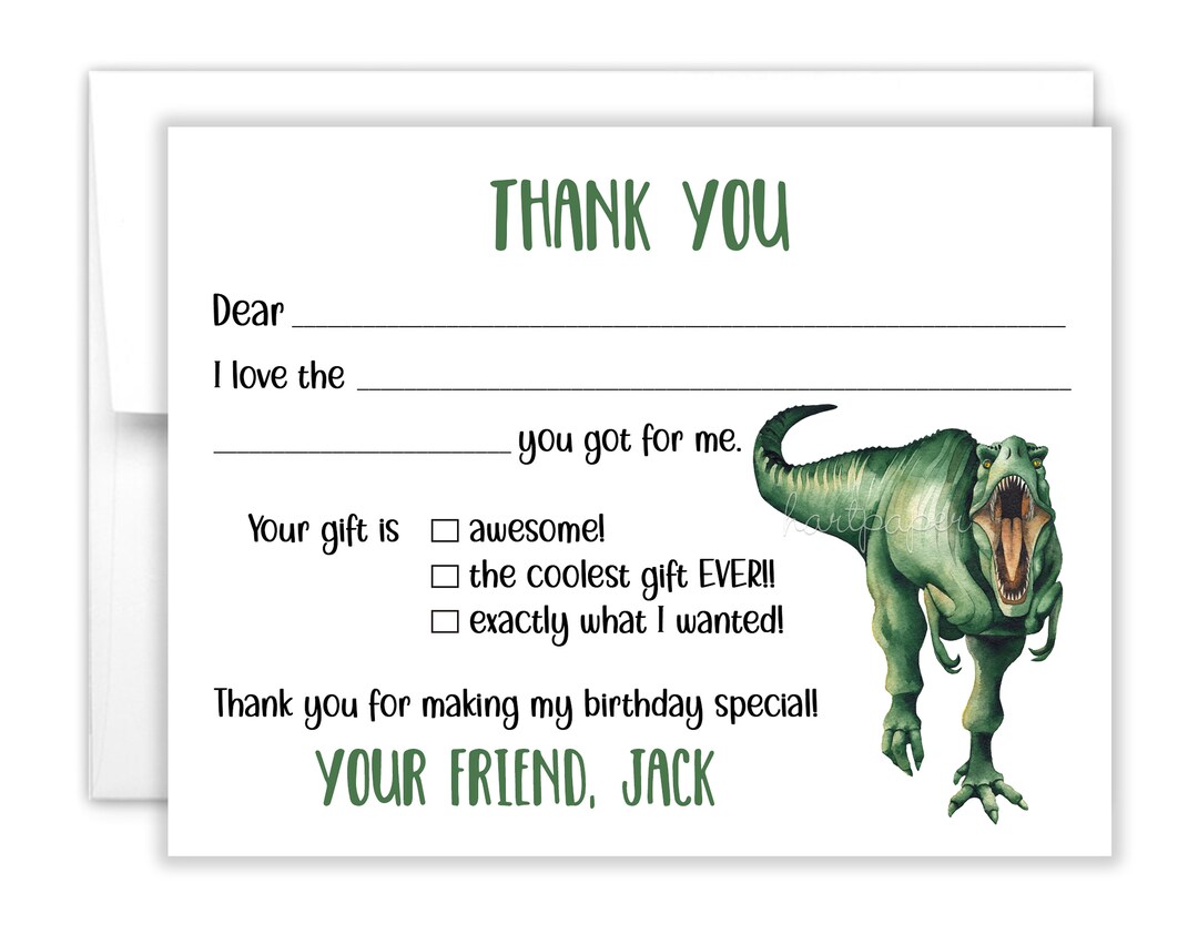 Dinosaur T Rex Fill in the Blank Thank You Cards Personalized Flat ...
