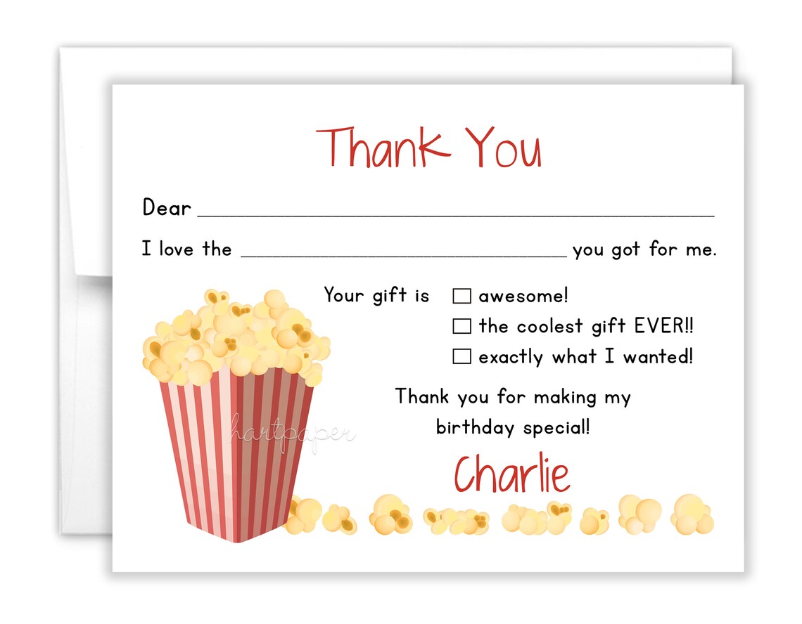 Popcorn Movie Party Fill in the Blank Thank You Cards - Etsy