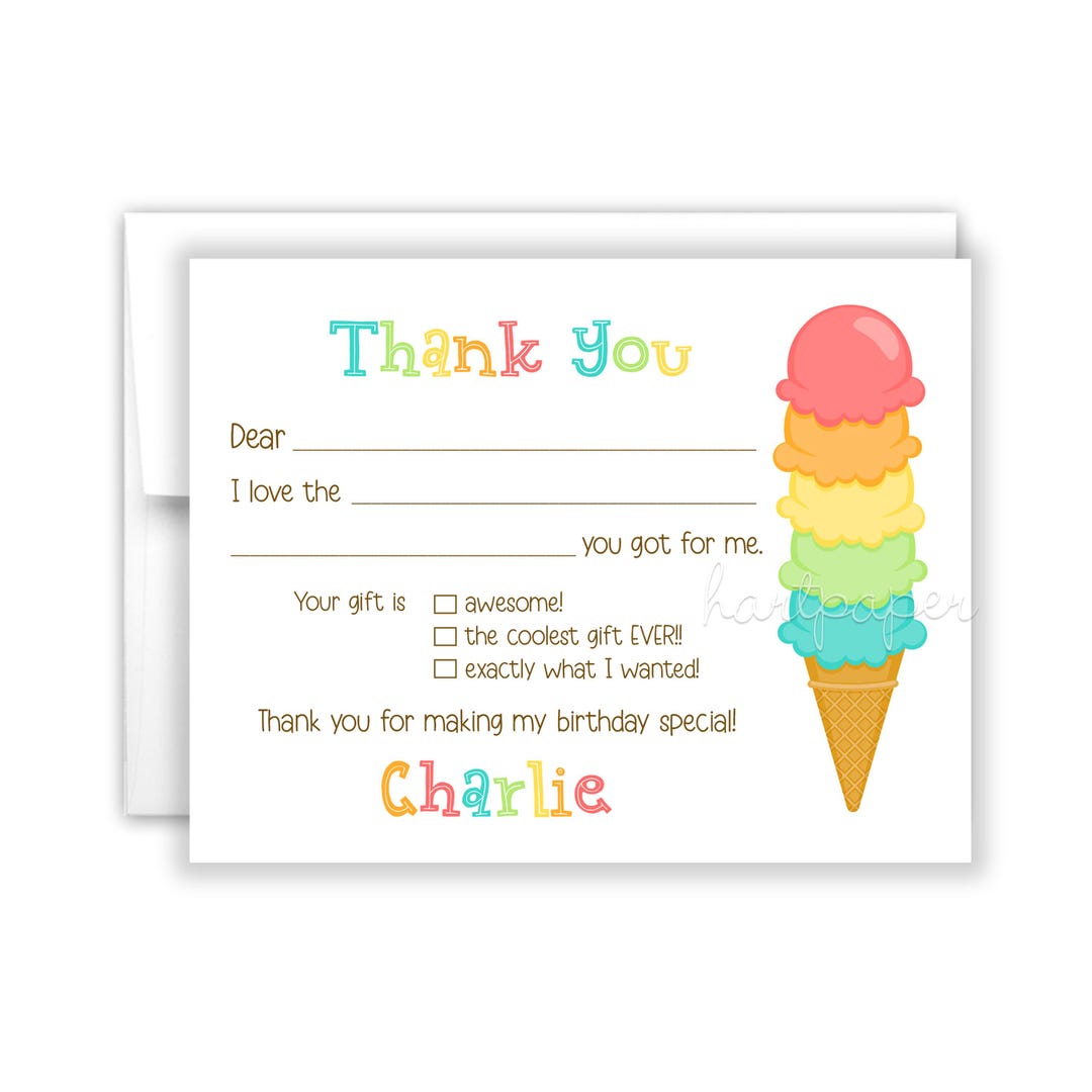 Ice Cream Cone Fill in the Blank Thank You Cards Personalized • Flat ...