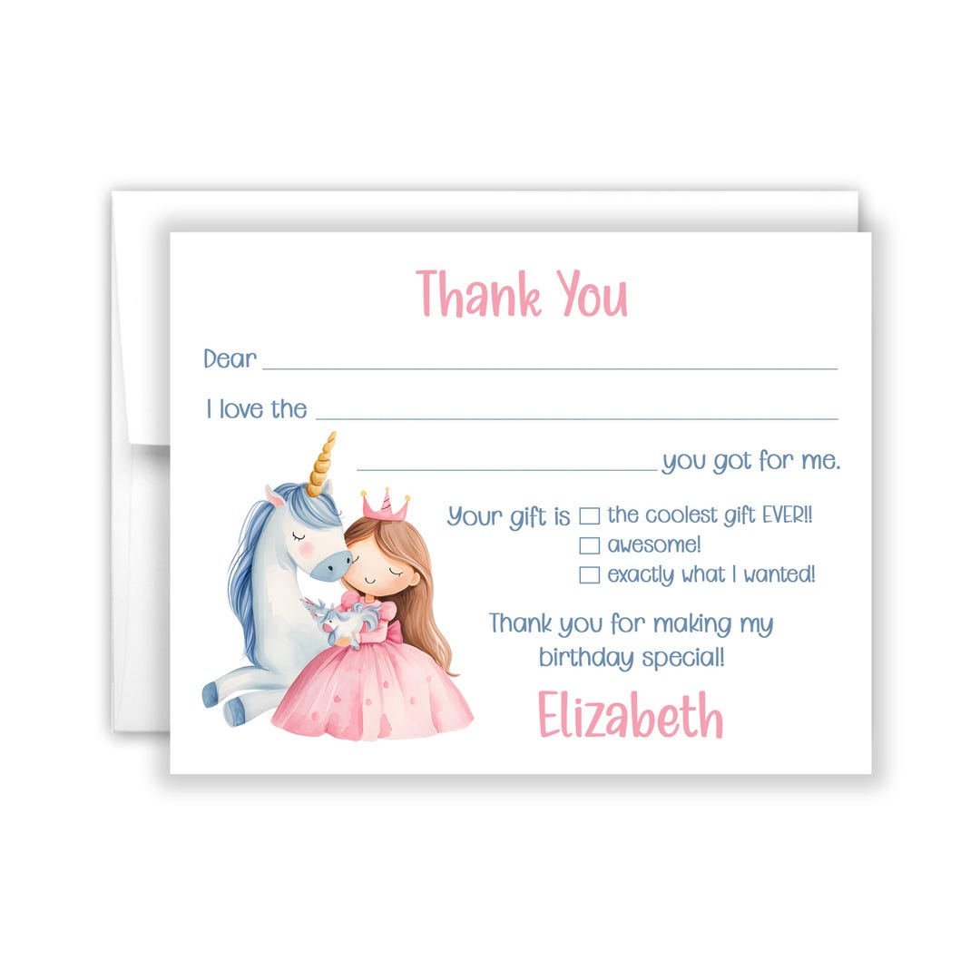 Rainbow Unicorn Princess Fill in the Blank Lined Thank You Cards ...
