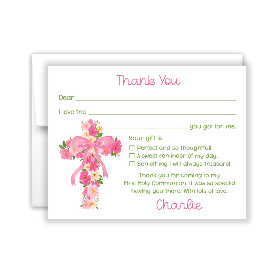 Flower Pink Cross Fill in the Blank Thank You Cards Personalized Flat ...