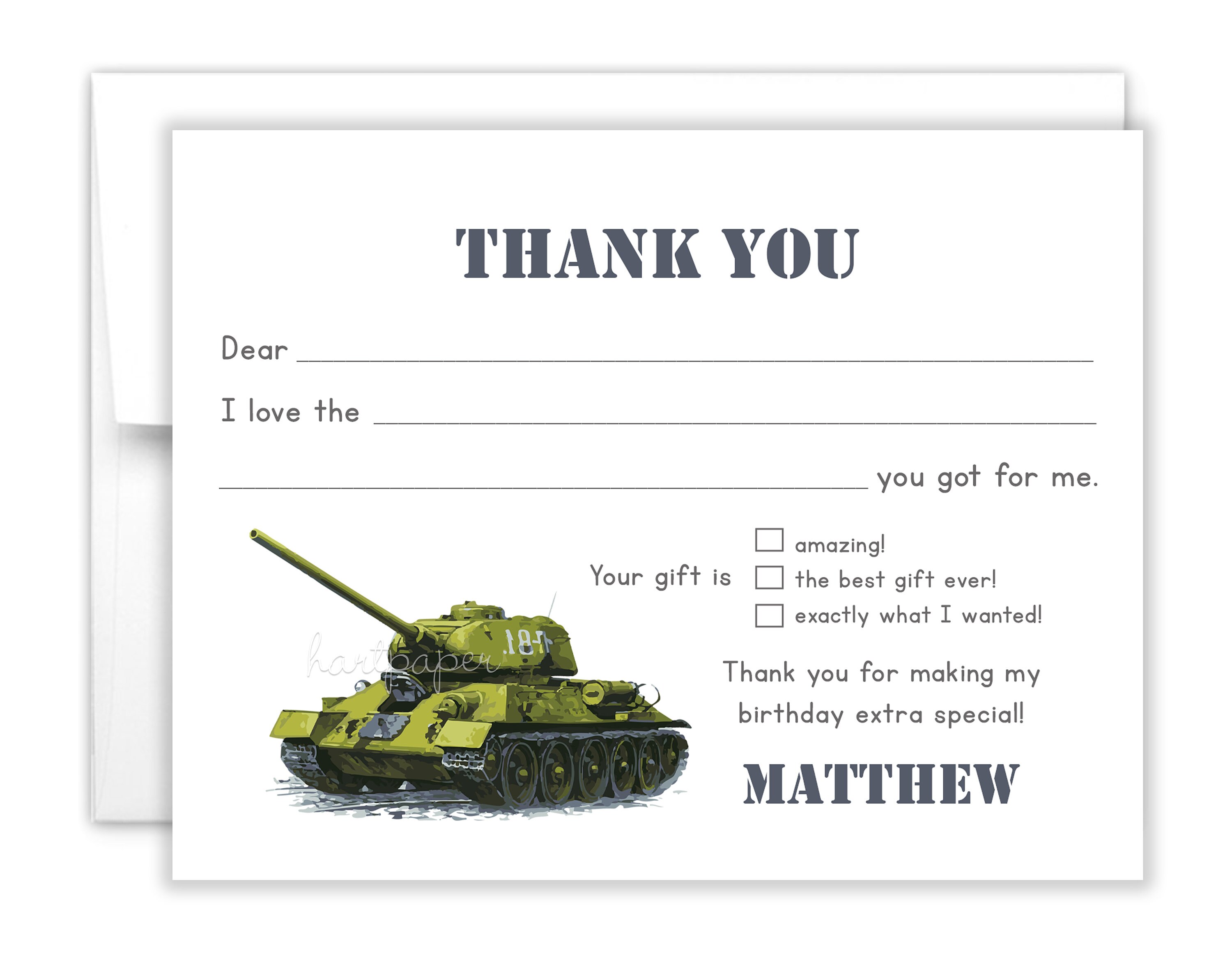 Military Army Tank Fill in the Blank Thank You Cards - Etsy