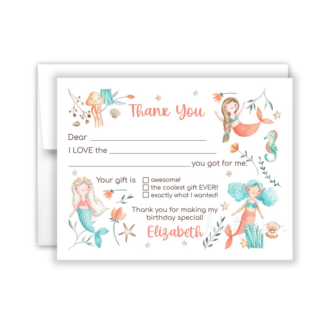 Mermaid Rainbow Fill in the Blank Thank You Cards Personalized • Flat ...