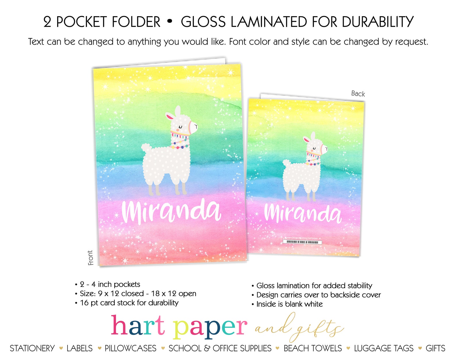 Rainbow Llama Alpaca Personalized Folder 2 Pocket Back to - Etsy