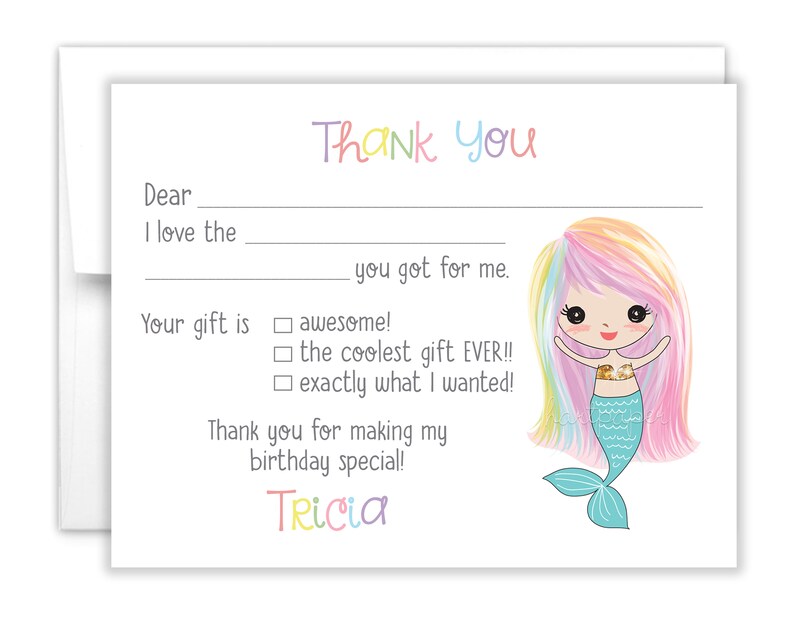 Rainbow Mermaid Fill in the Blank Thank You Cards Personalized - Etsy