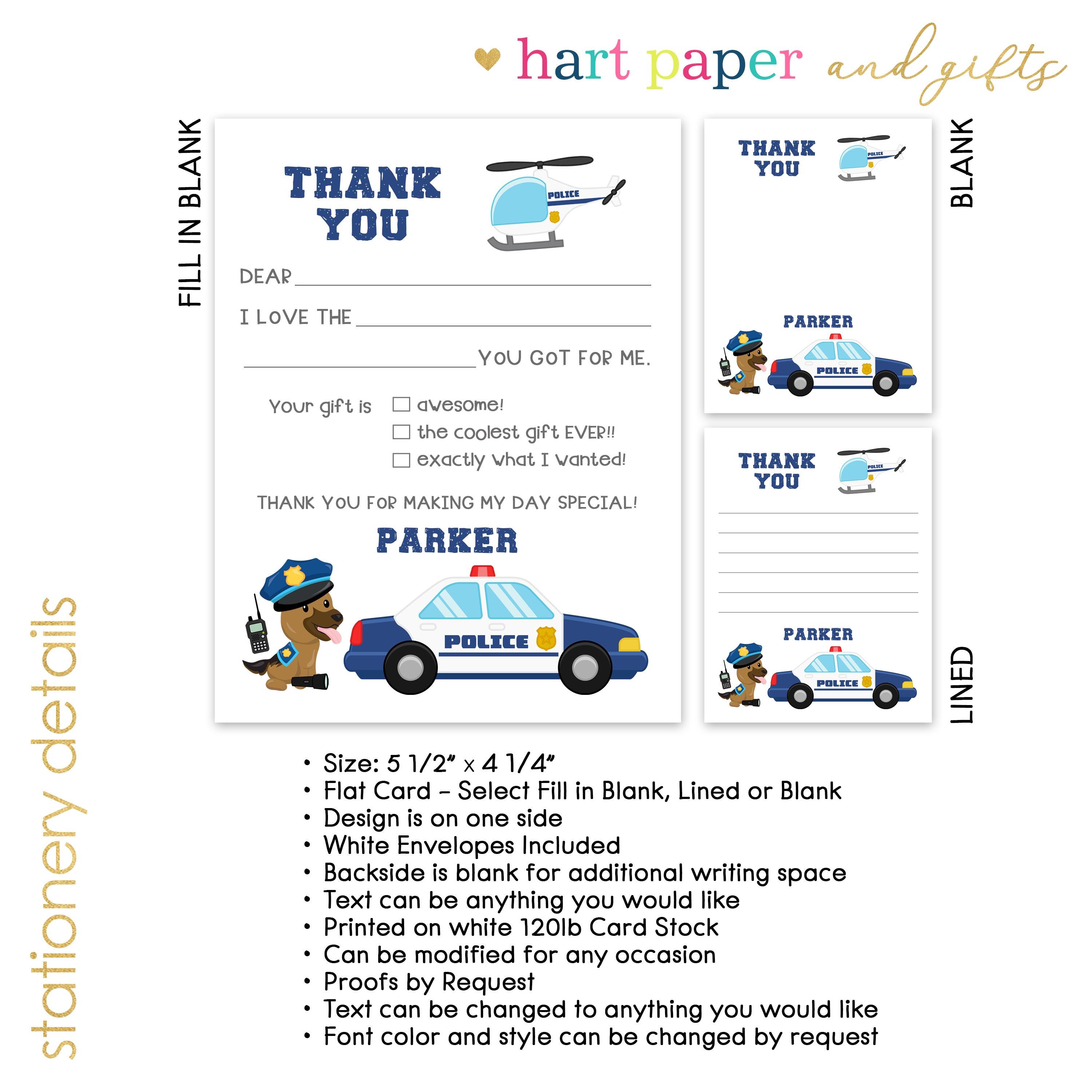 Police Car Cop Officer Fill in the Blank Thank You Cards Personalized ...