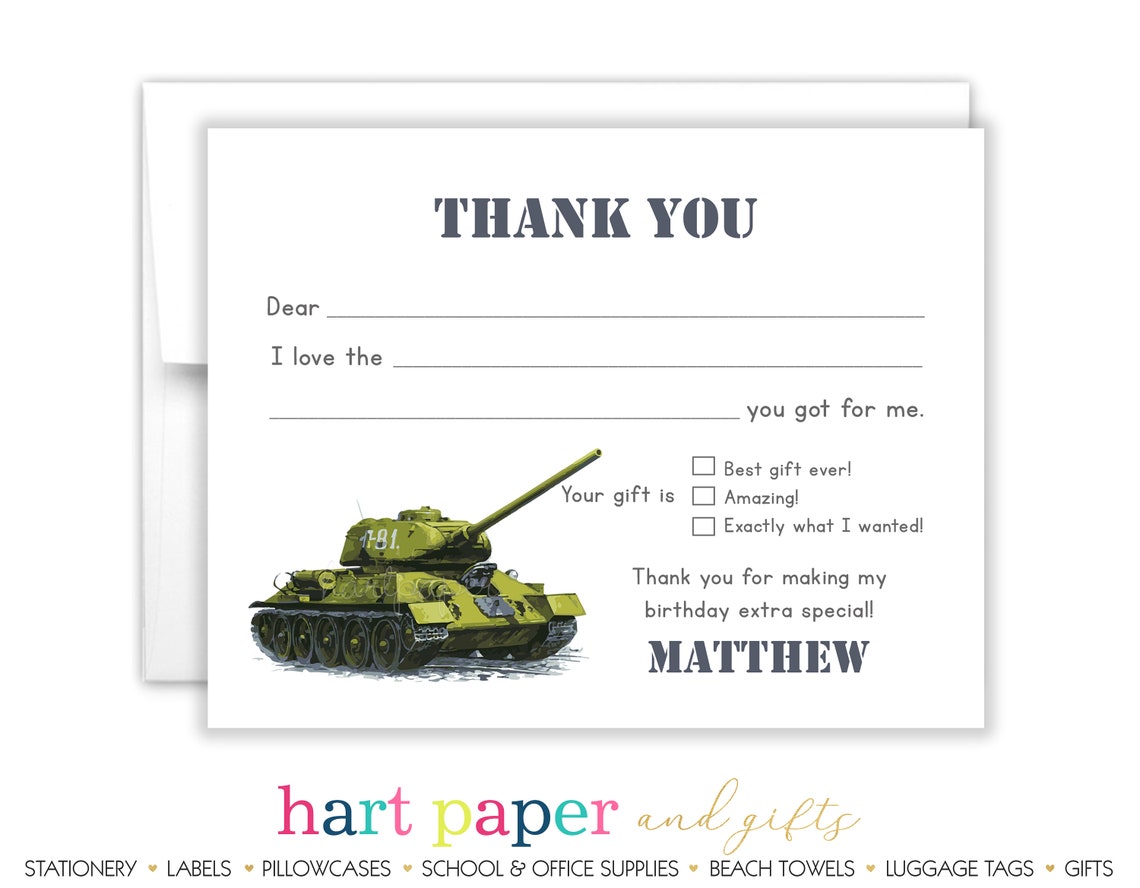 Military Army Tank Fill in the Blank Thank You Cards | Etsy