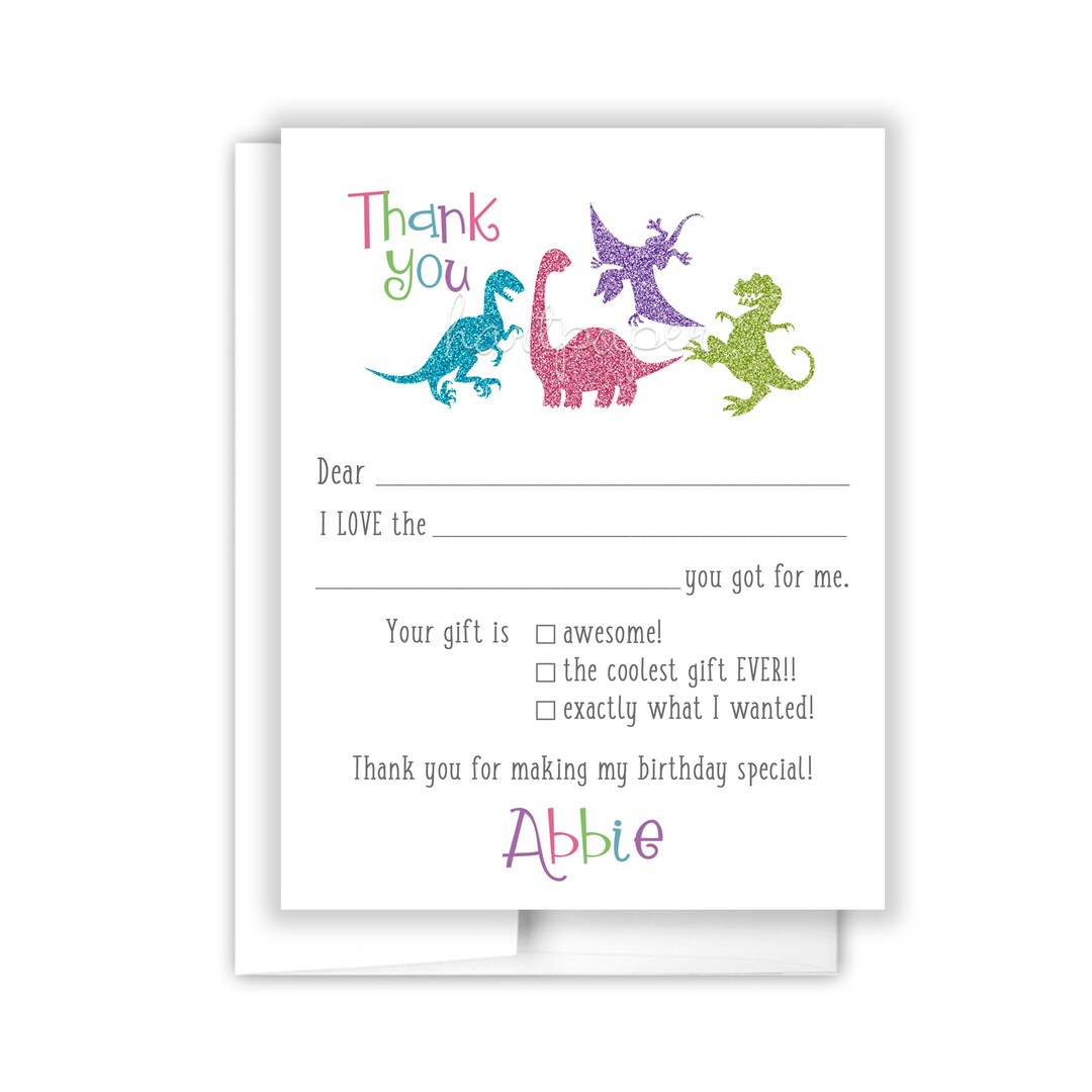 Rainbow Dinosaur T Rex Fill in the Blank Thank You Cards Personalized ...