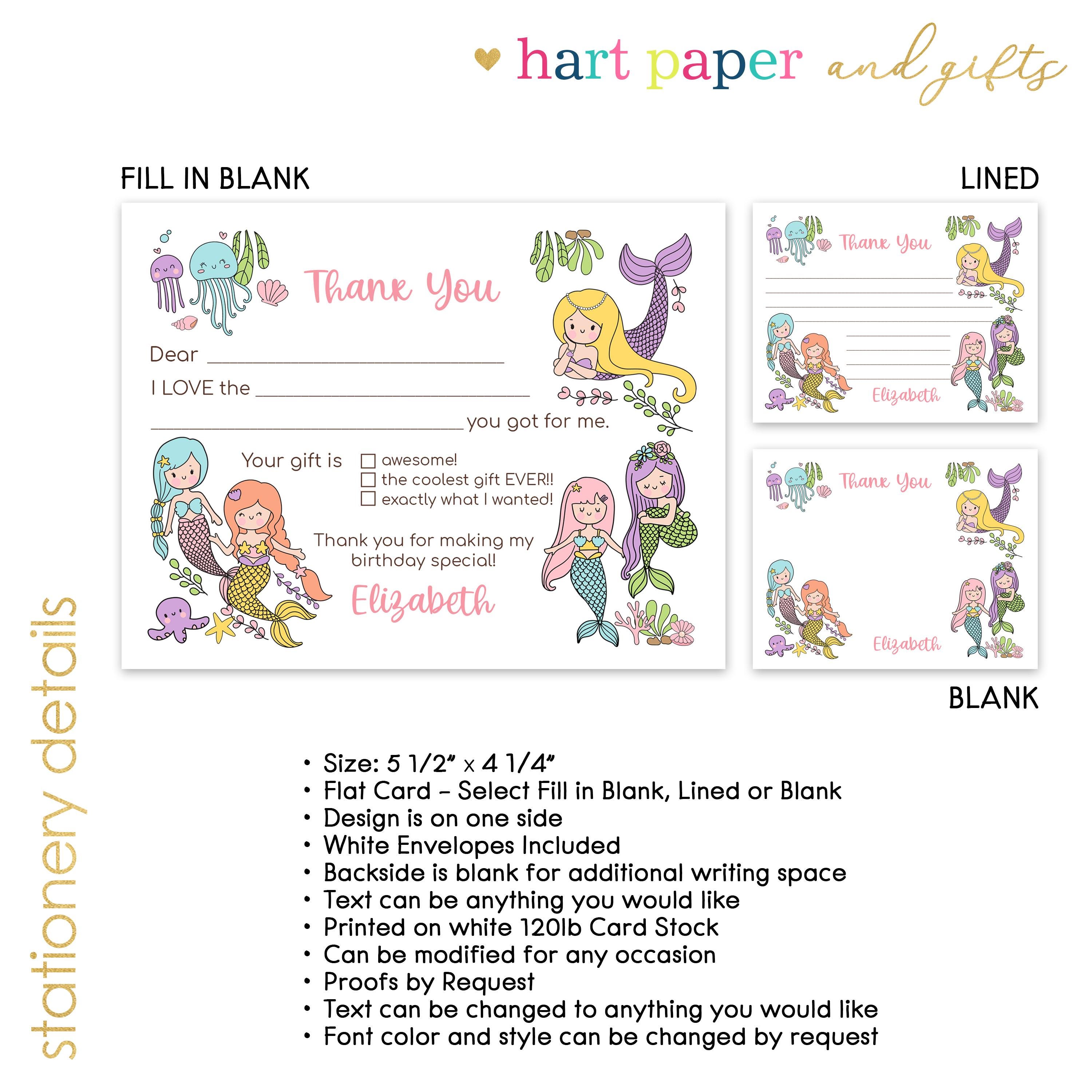 Mermaid Rainbow Fill in the Blank Thank You Cards Personalized • Flat ...