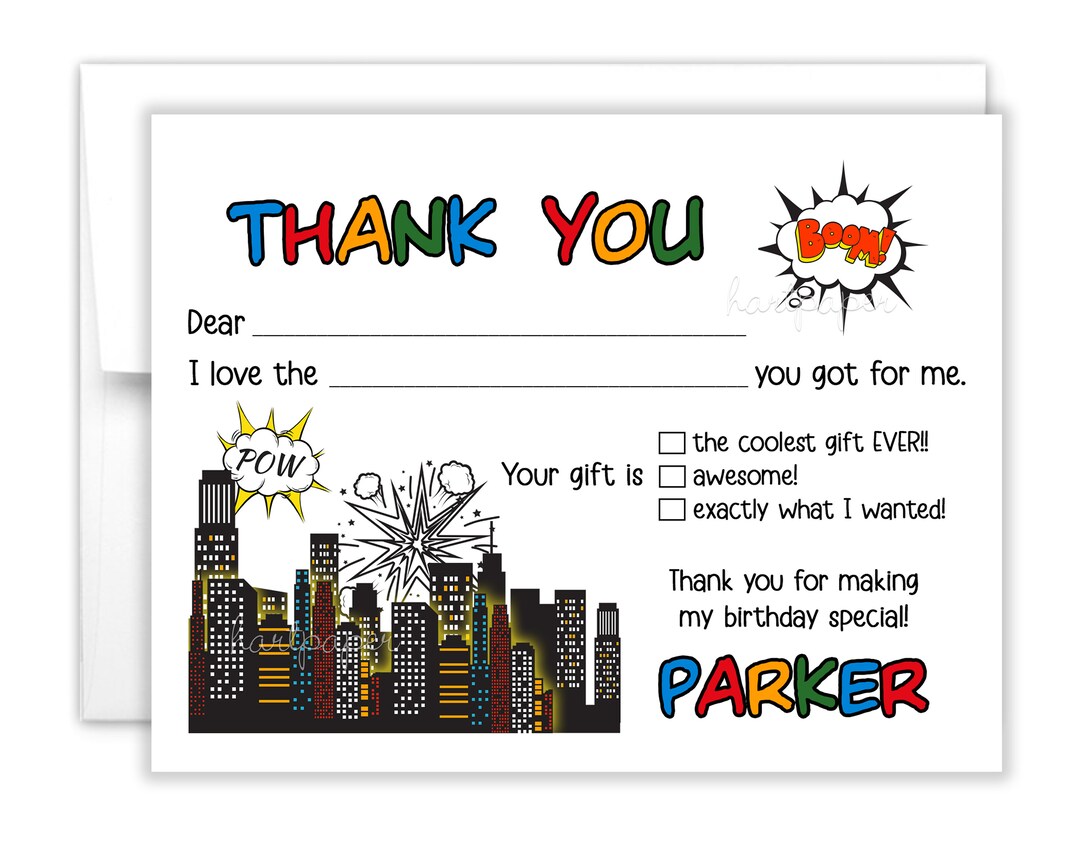Superhero Super Hero Comic Fill in the Blank Thank You Cards Personalized Flat Stationery Custom ...
