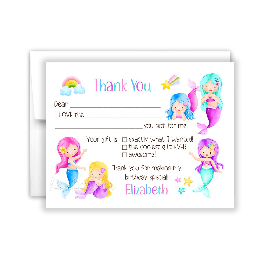 Mermaid Rainbow Fill in the Blank Thank You Cards Personalized • Flat ...