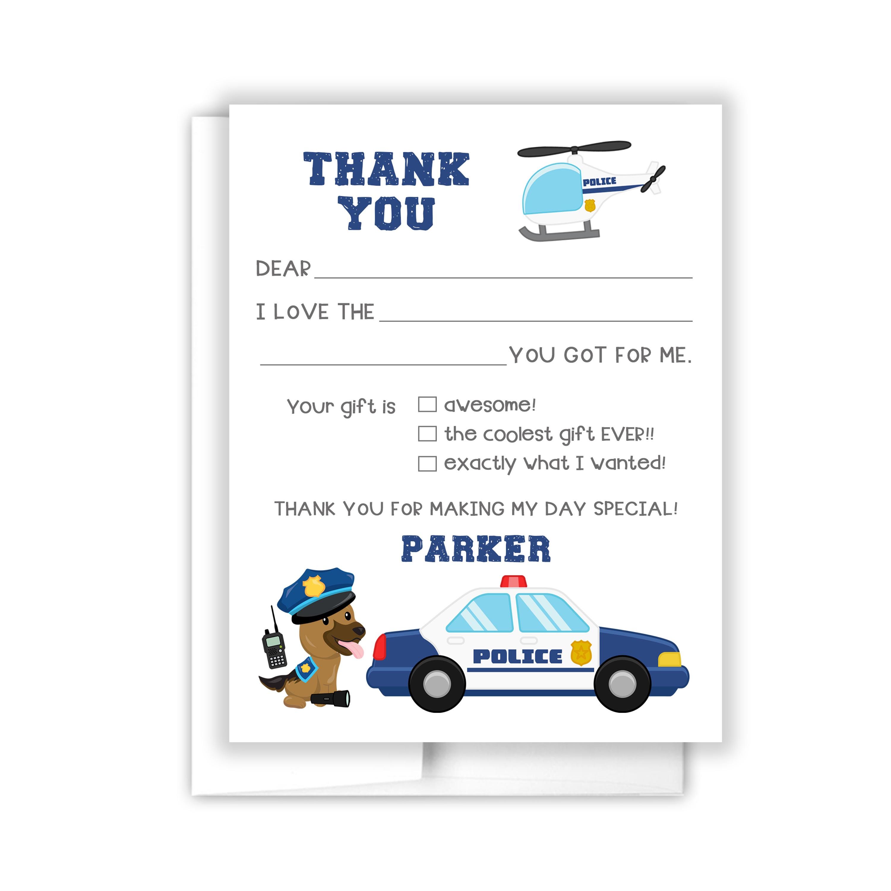 Police Car Cop Officer Fill in the Blank Thank You Cards Personalized ...
