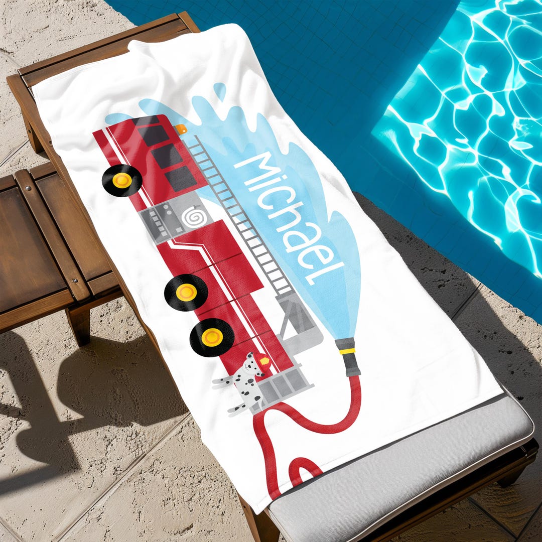 Firetruck Fire Beach Towel Personalized Custom • 30x60 Swimming Swim ...