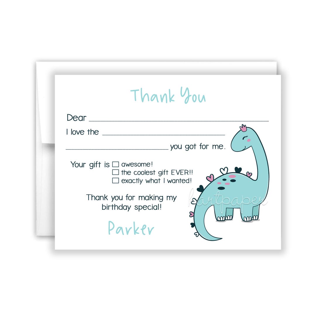 Dinosaur Dino Fill in the Blank Thank You Cards Personalized • Flat ...