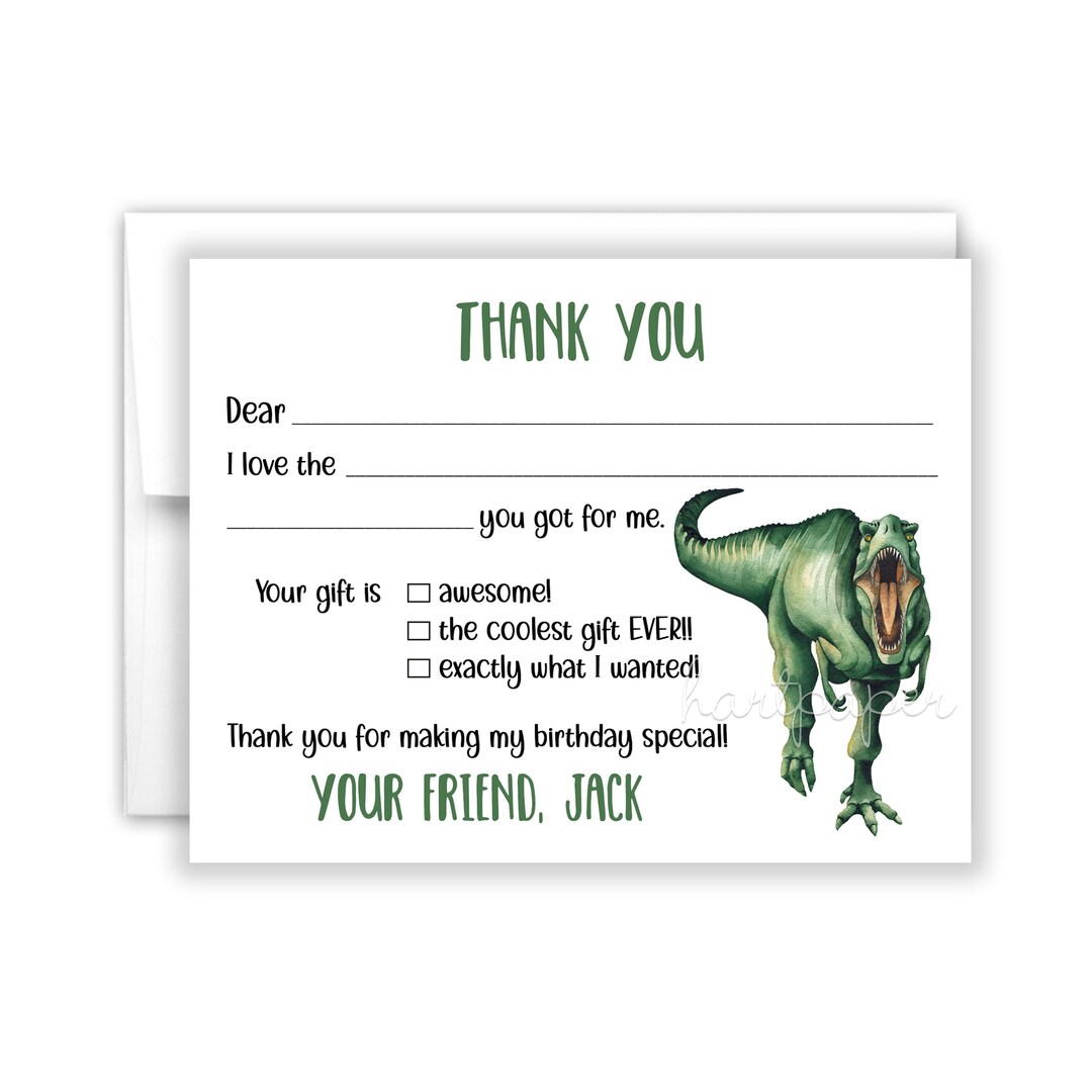 Dinosaur T Rex Fill in the Blank Thank You Cards Personalized • Flat ...