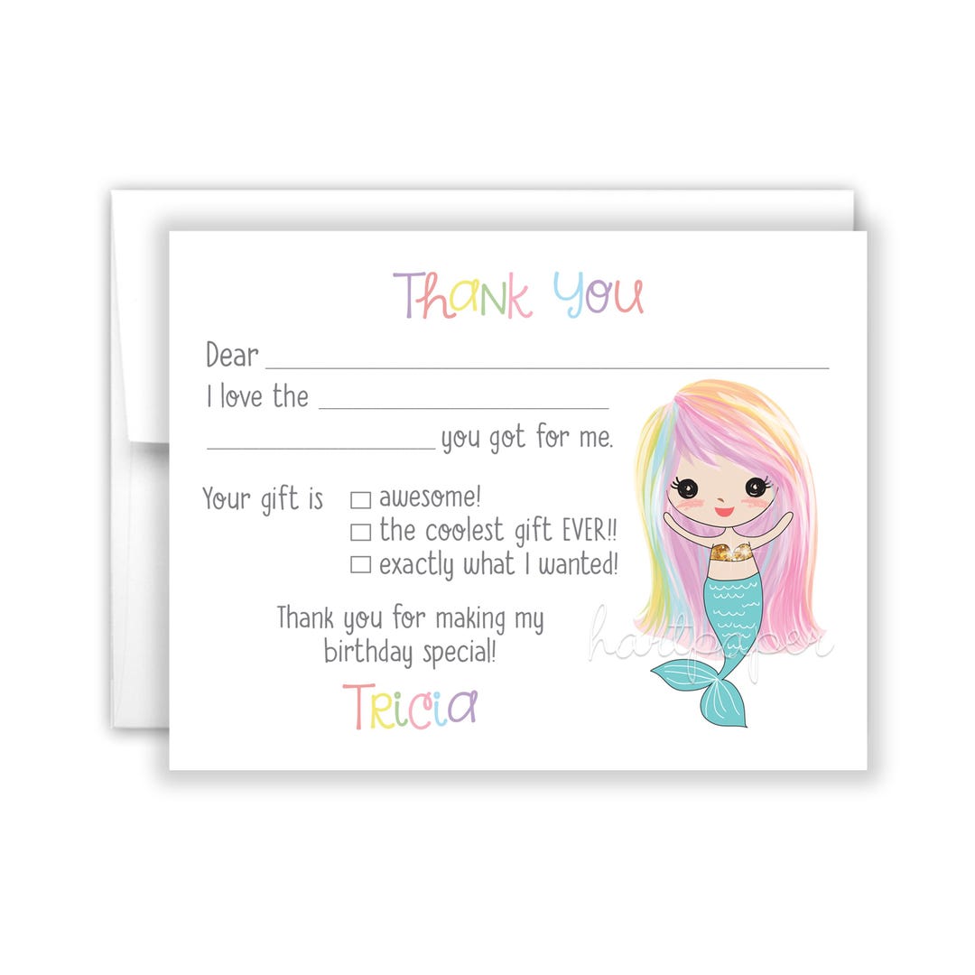 Rainbow Mermaid Fill in the Blank Thank You Cards Personalized • Flat ...