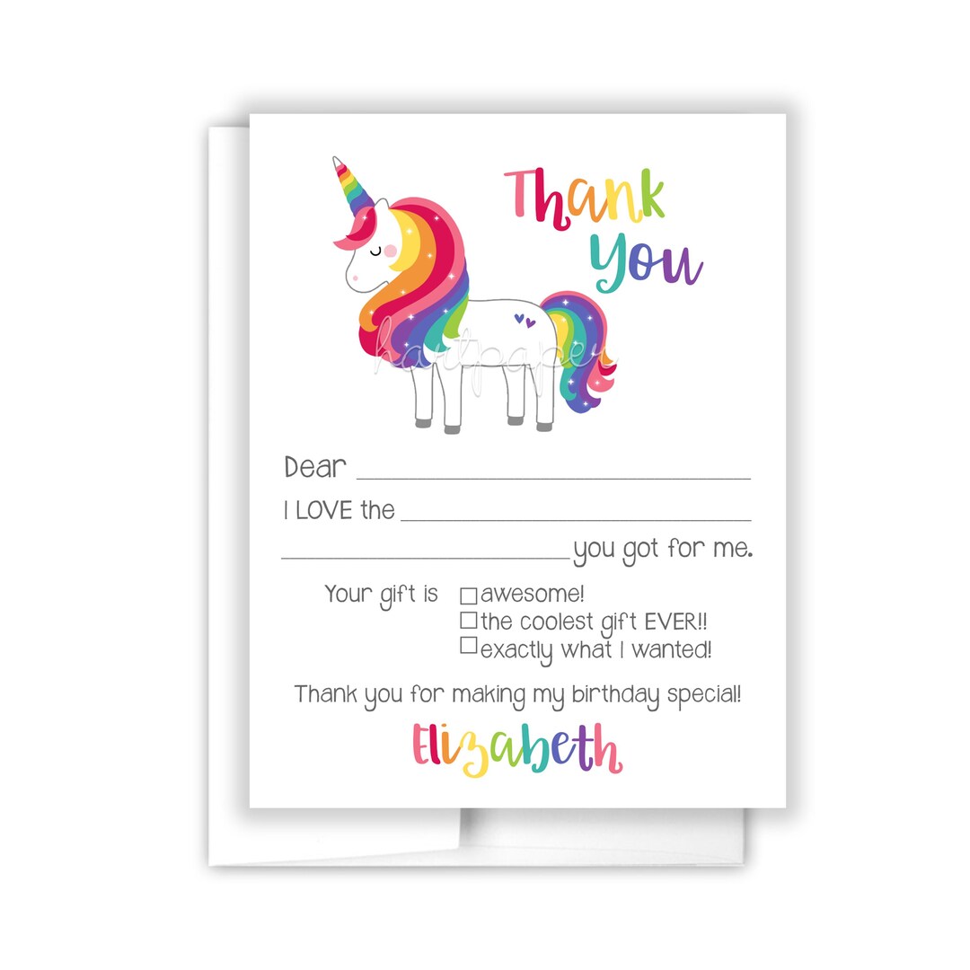 Rainbow Unicorn Fill in the Blank Thank You Cards Personalized • Flat ...