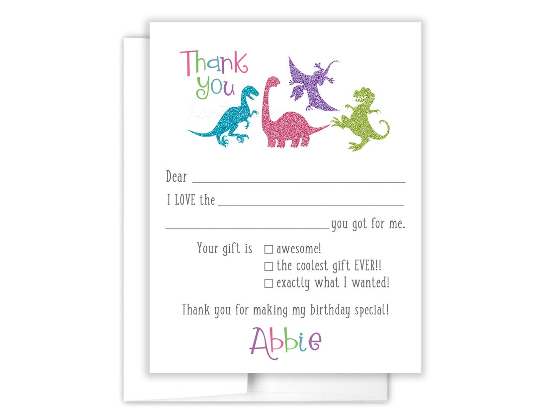 Rainbow Dinosaur T Rex Fill in the Blank Thank You Cards Personalized Flat Stationery Custom ...
