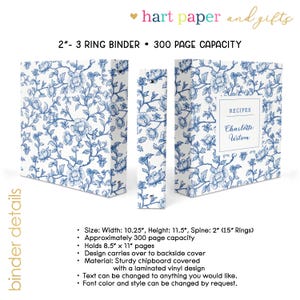 Blue Chinoiserie Recipe 3 Ring Binder Personalized Custom Flowers ...