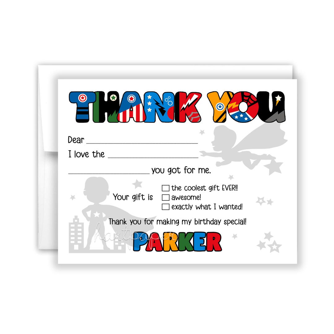 Superhero Super Hero Comic Fill in the Blank Thank You Cards Personalized • Flat Stationery ...