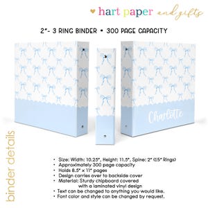 Blue Bow Ribbon Coquette 3 Ring Binder 2" Personalized Custom Gift Back ...